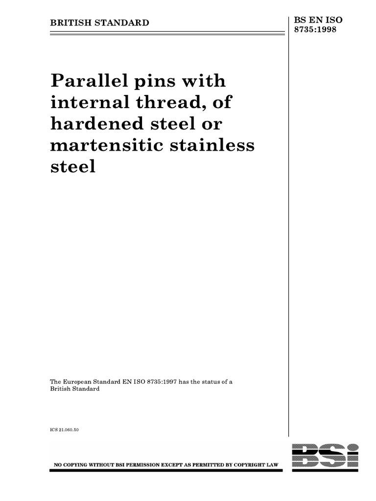 BS en ISO 8735 - 1998 Parallel Pins With Internal Thread, of Hardened ...