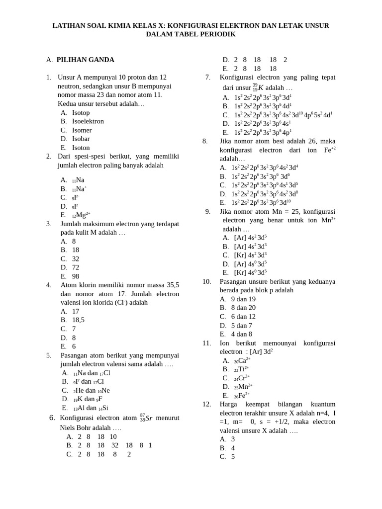 Latihan Soal Kimia Kelas X Konfigurasi e | PDF