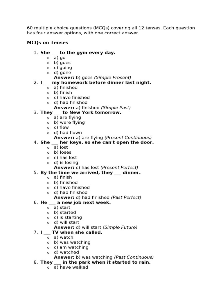 Tenses MCQ With Answers | PDF