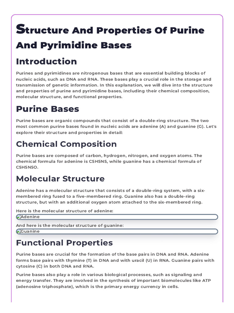 Structure and Properties of Purine and Pyrimidine Bases | PDF | Base ...