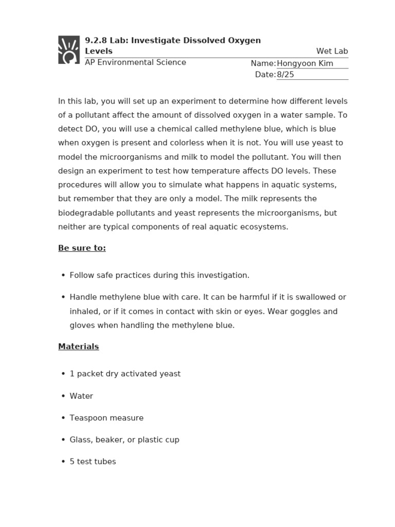 9.2.8 Lab - Investigate Dissolved Oxygen Levels (Wet Lab) | PDF | Water ...
