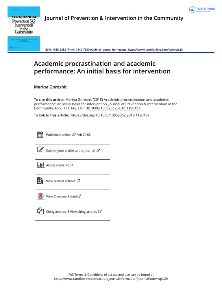 Academic Procrastination and Academic Performance An Initial Basis For Intervention | PDF