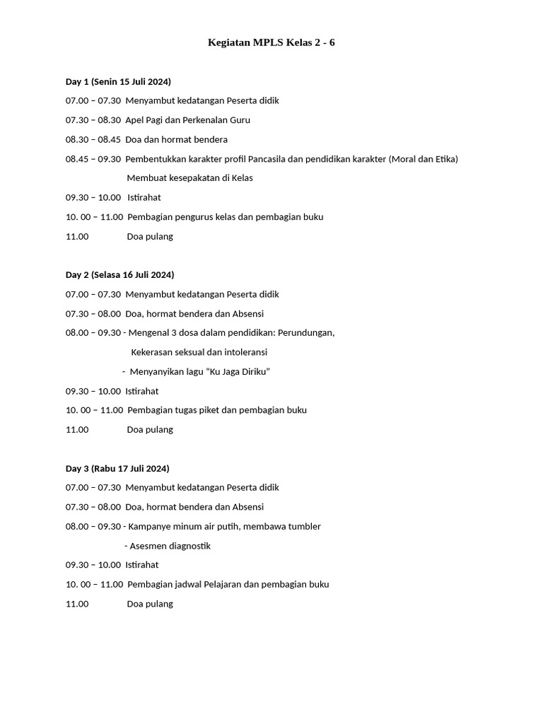 Kegiatan MPLS Kelas 2-6 | PDF