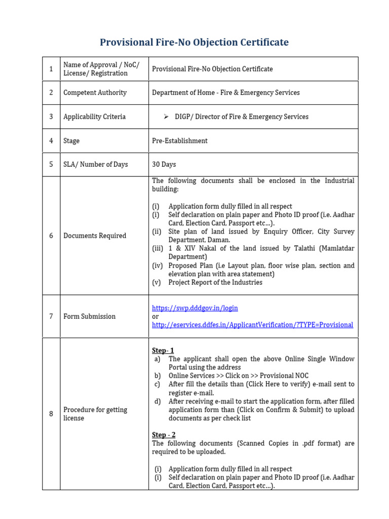 Provisional Fire NOC Procedure | PDF