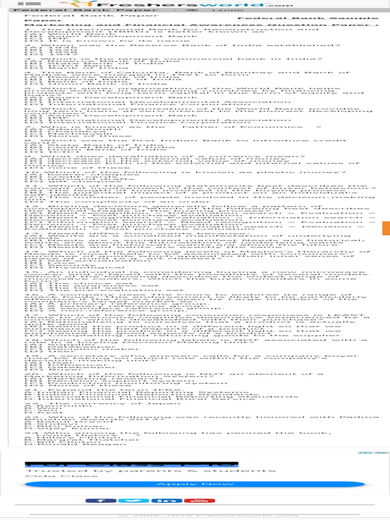 Federal Bank Sample Paper: Marketing & Finance | PDF | Money | Economies