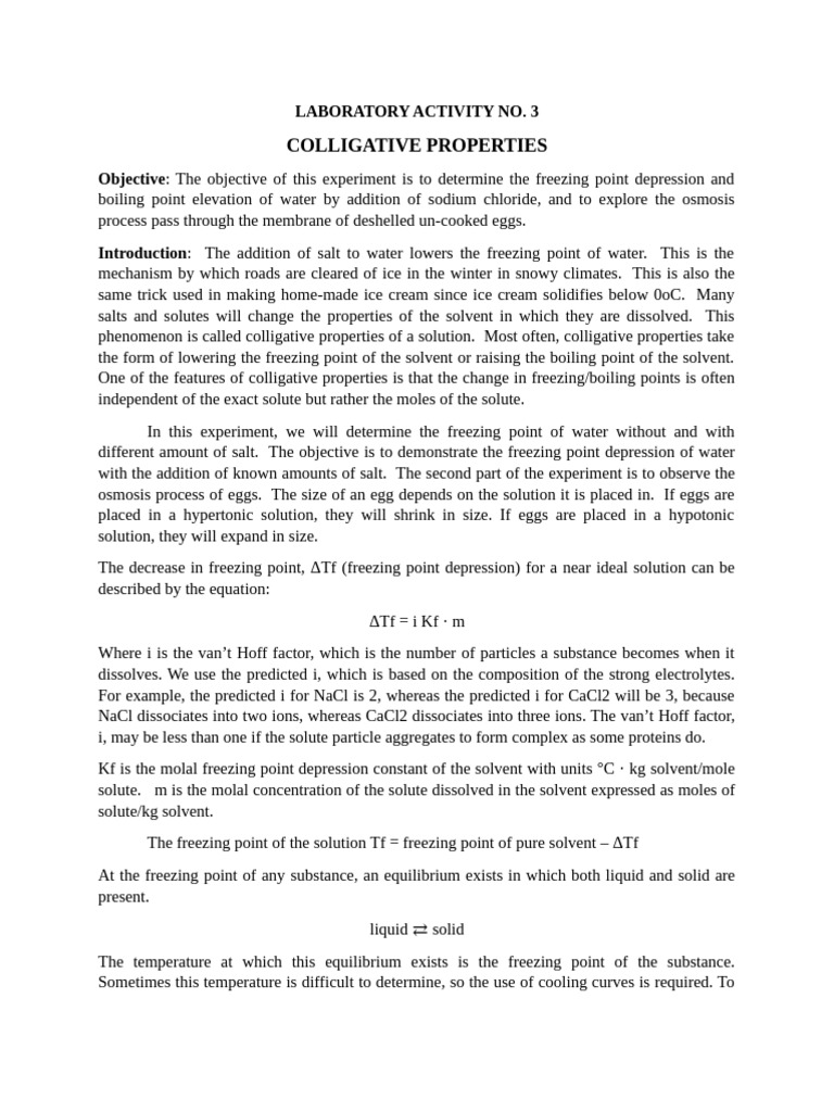 Laboratory Activity Colligative Properties | PDF