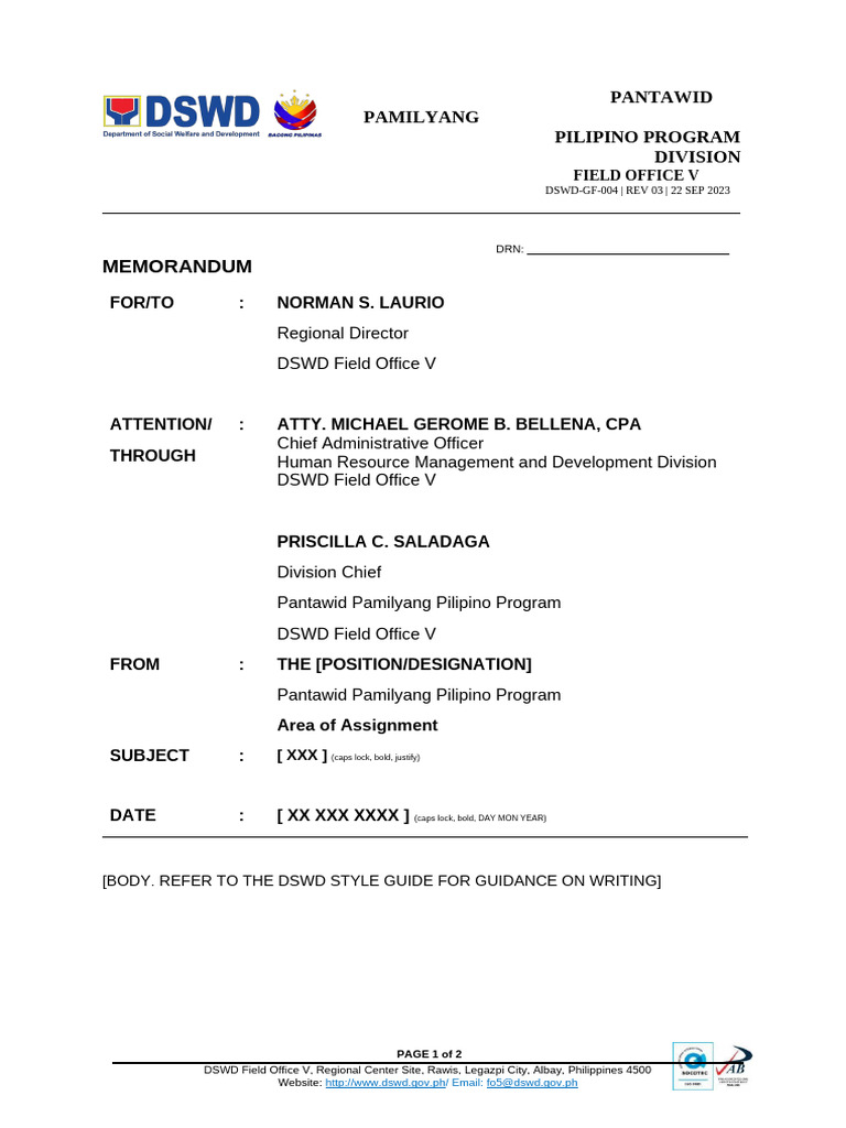 DSWD-GF-004 - REV 03 - Memorandum | PDF