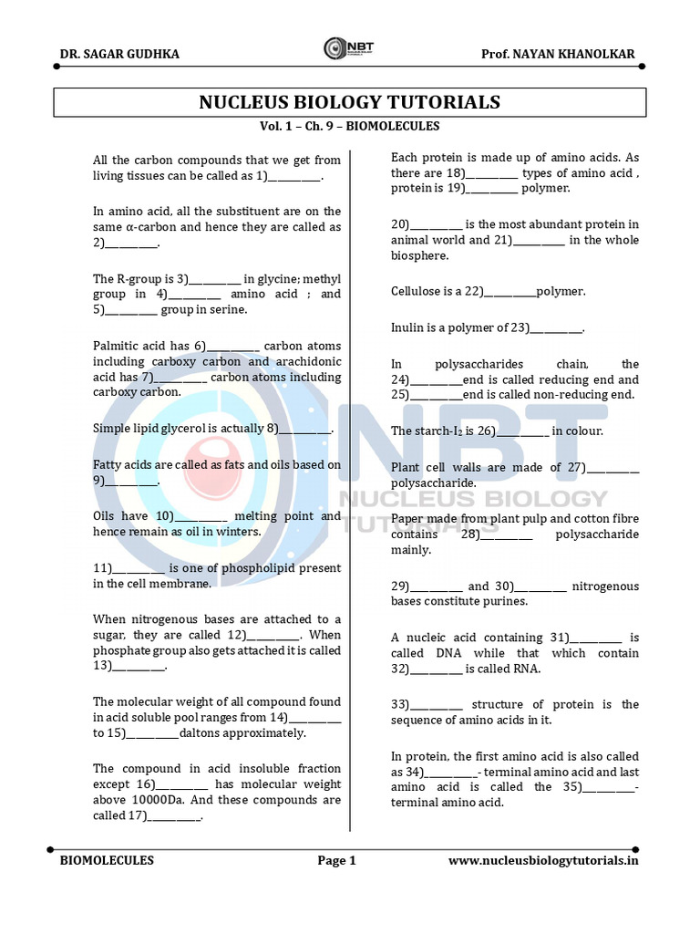 Fill - Ch. 9. Biomolecules-QUES | PDF