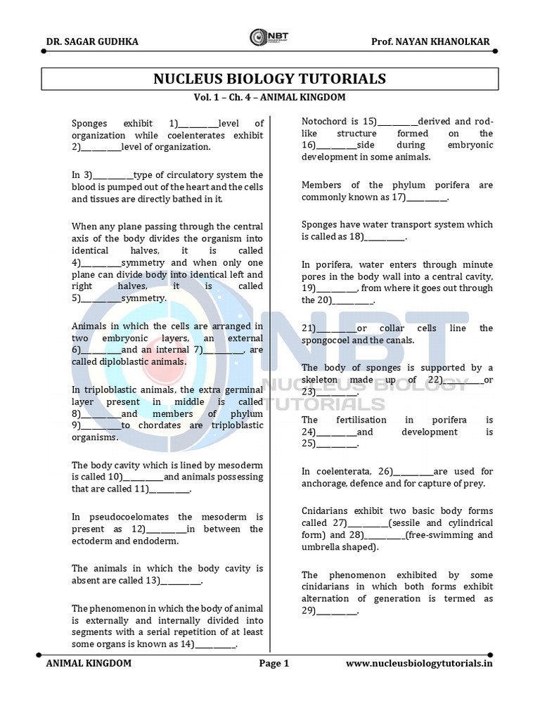 Fill_Ch. 4. Animal Kingdom-QUES | PDF