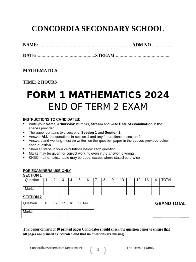 End Term2 Math Exam Form 1 | PDF