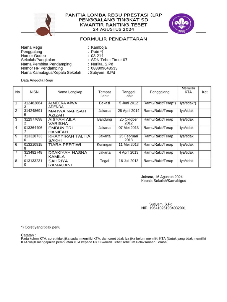 Formulir Pendaftaran Lomba LRP | PDF