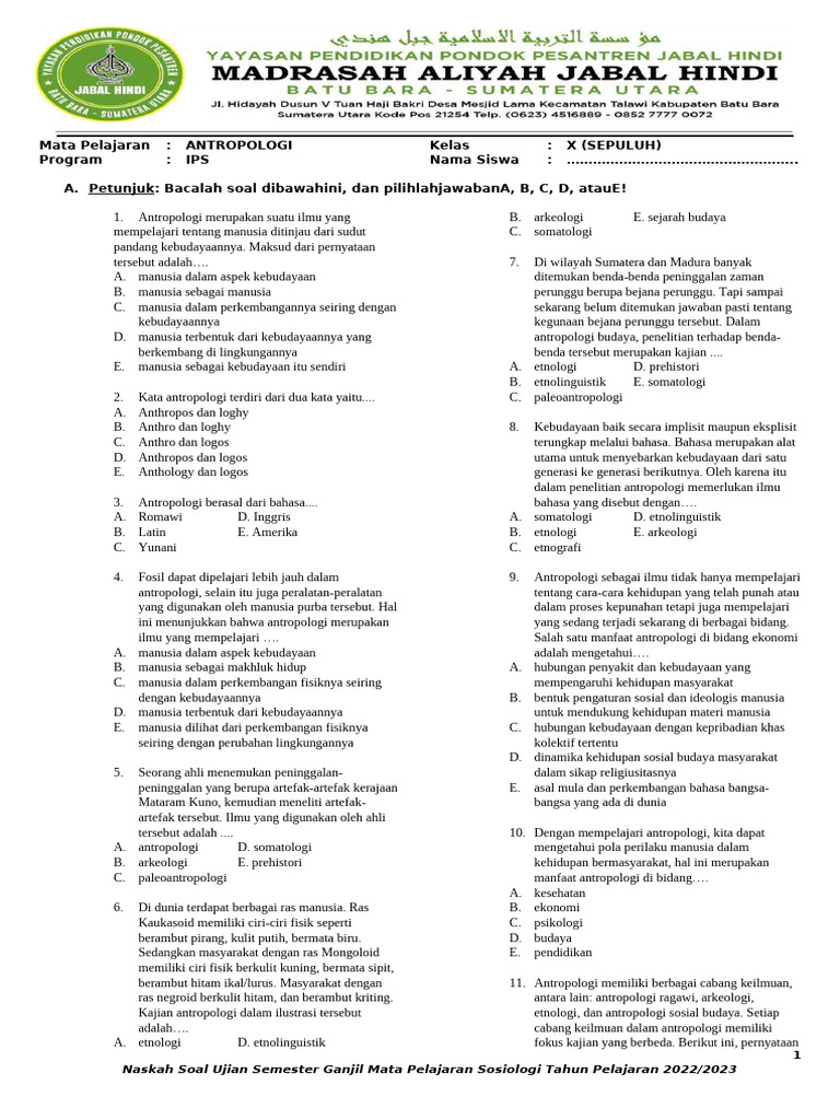 Uas Antro Ganjil X | PDF