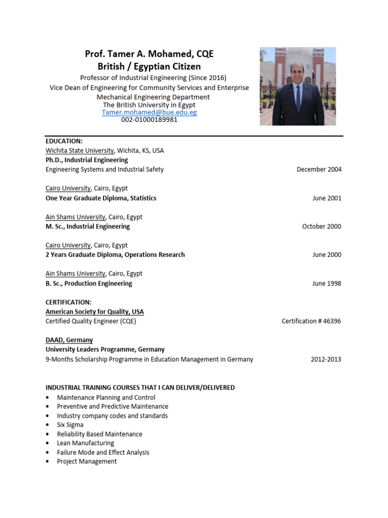 Resume Prof. Tamer A. Mohamed August 2024 | PDF