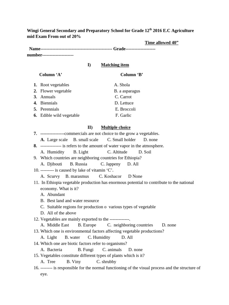 Tsegaye Grade 12th Agriculture | PDF