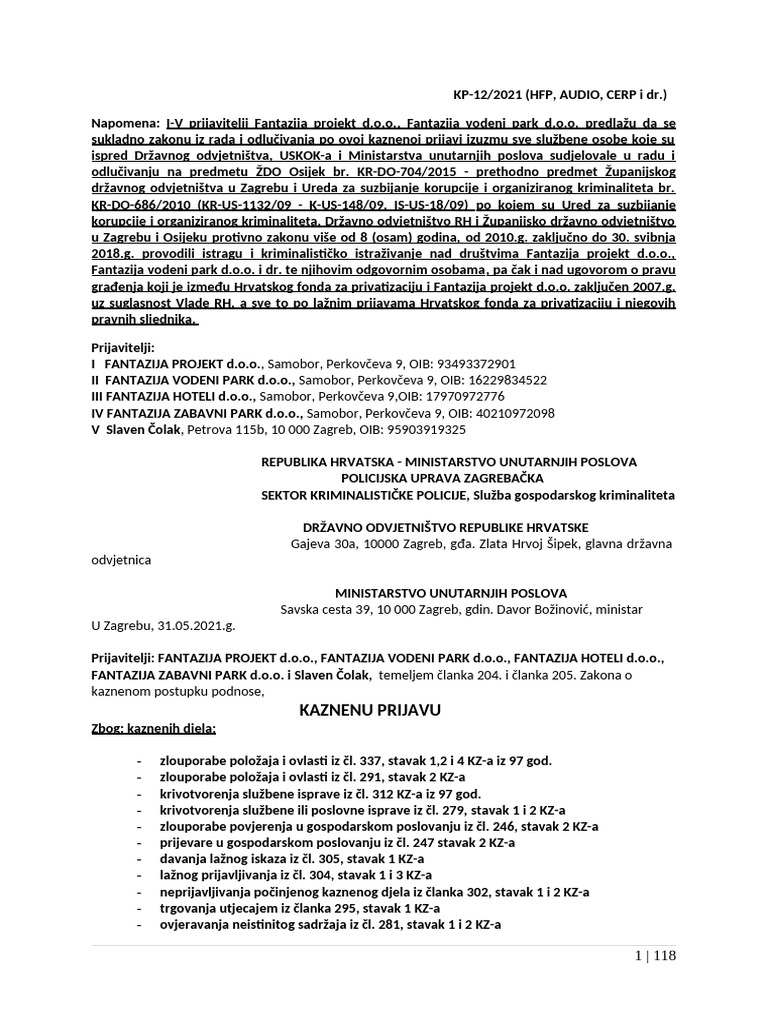 Kaznena Prijava Protiv Borisa Koketija, HFP, Audio, Cerp I Dr. - / KP-12/2021 | PDF