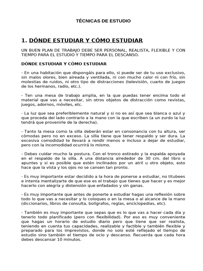 TÉCNICAS DE ESTUDIO - Dónde Estudiar y Cómo Estudiar | PDF