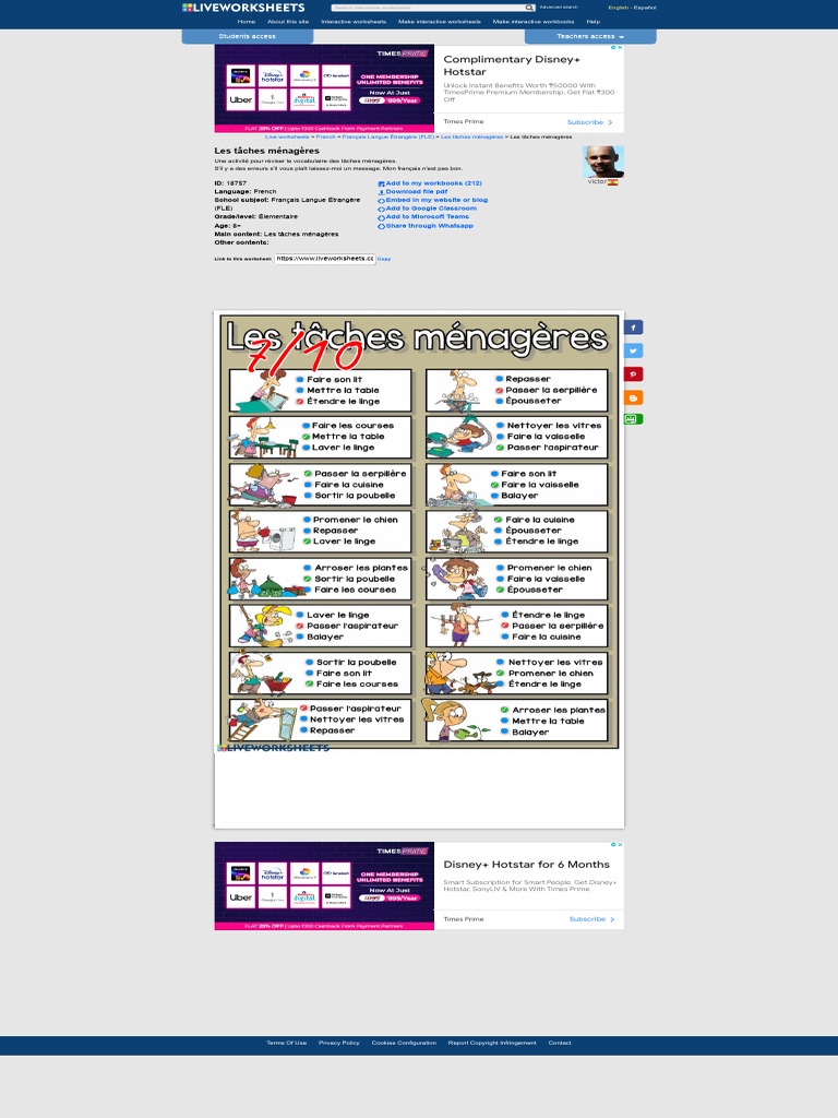Les Tâches Ménagères Interactive Worksheet | PDF