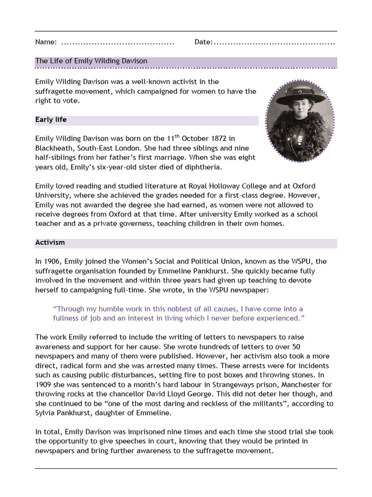 Emily Davison Biography and Comprehension ks2 Unlocked | PDF
