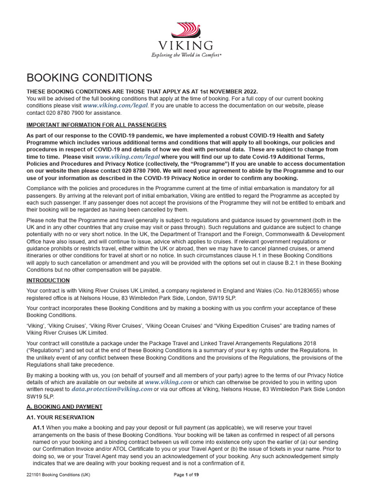 Viking Booking Conditions With COVID19 Nov 1 2022 FINAL | PDF