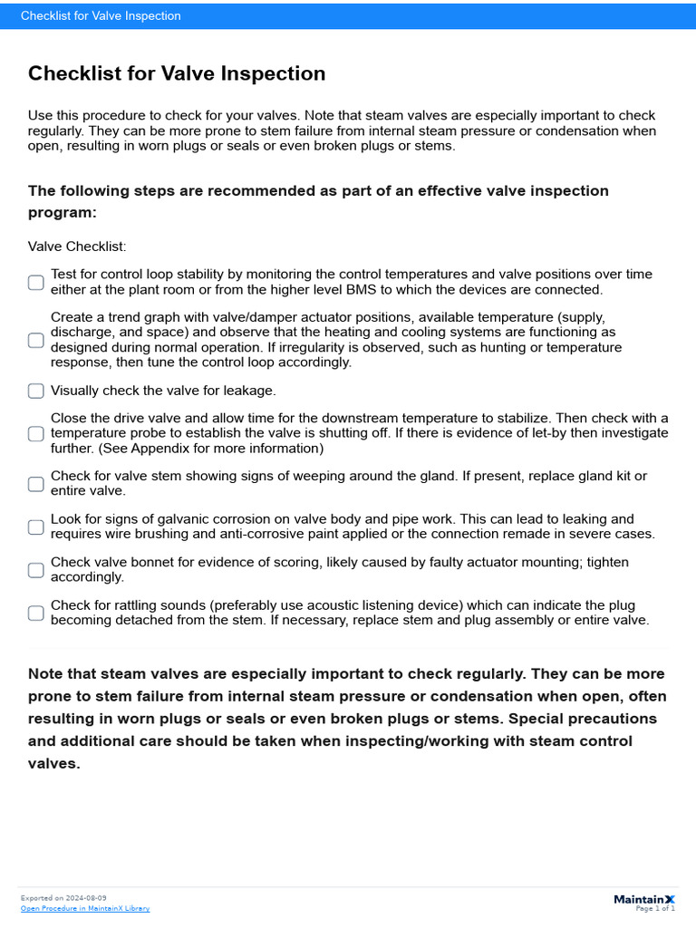 Checklist For Valve Inspection | PDF