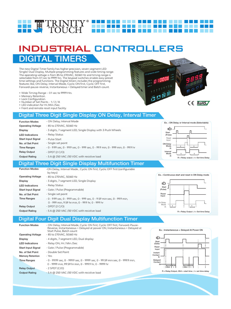 Digital Timers, Seven Segment LED Single, Dual Display and Wide Timing Range | PDF | Relay | Timer