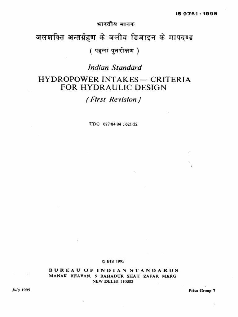 IS-9761 Hydropower Intakes - Criteria for Hydraulic Design 1st Rev 1995 ...