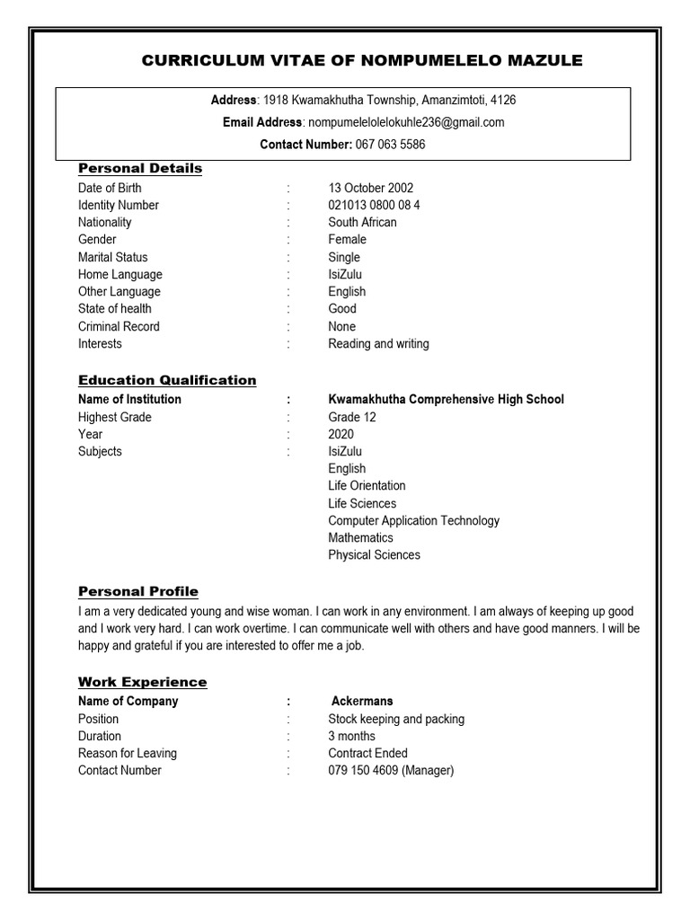 Nompumelelo Mazule CV | PDF