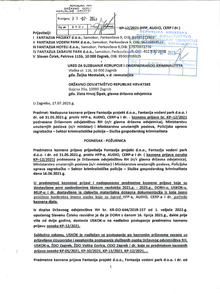 Kaznena Prijava Fantazija Grupe Protiv HFP, AUDIO, CERP - Požurnica / KP-12-2021 | PDF