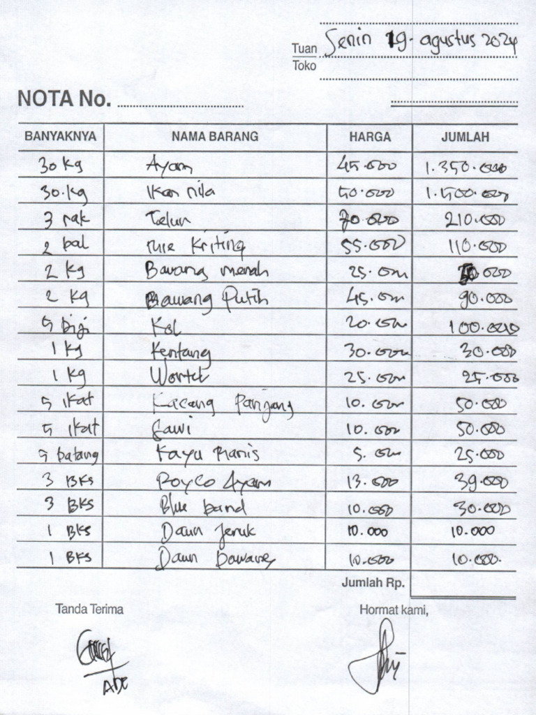 Nota, PO, Form Penerimaan BRG 19.08.24 | PDF