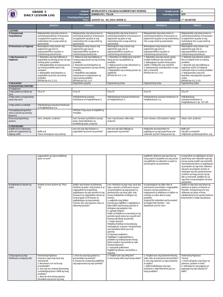 DLL - Epp 5 - Q1 - W5 | PDF | Differentiated Instruction | Biological Concepts