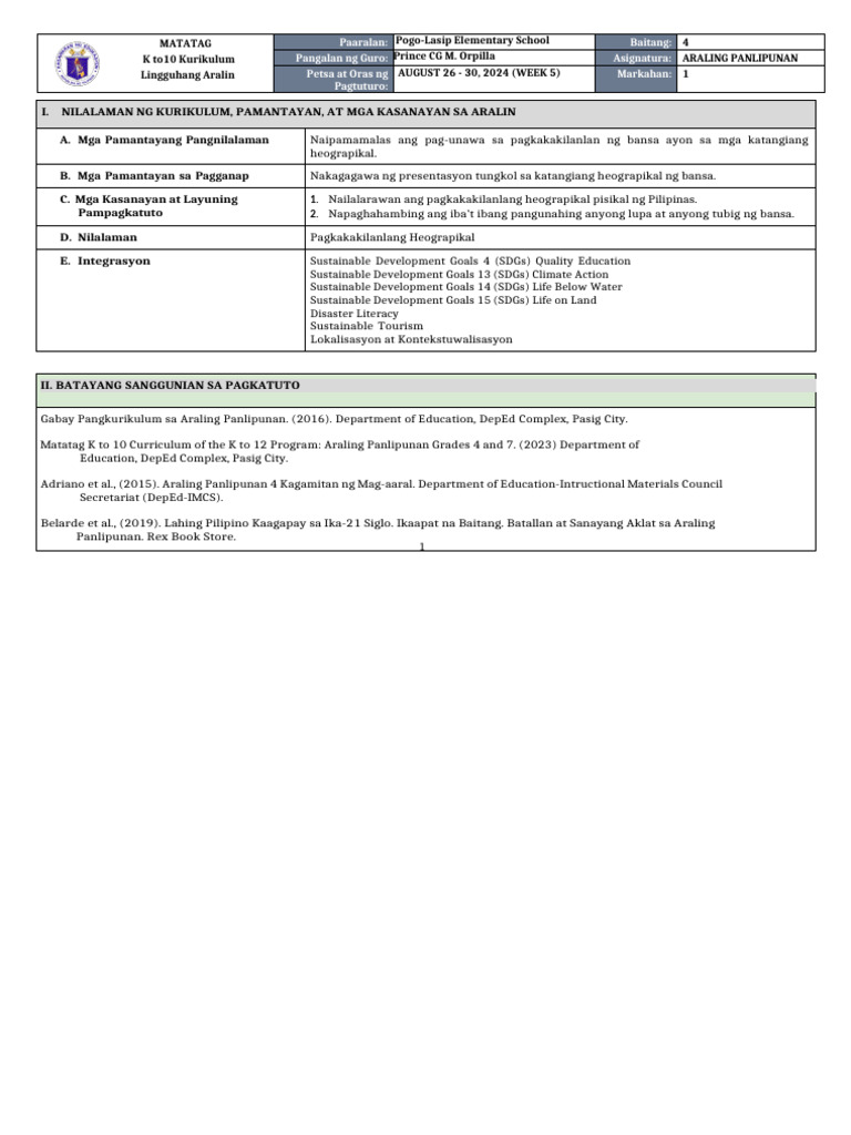 Filipino 4 Q1 W5 Matatag In Deped Calendar