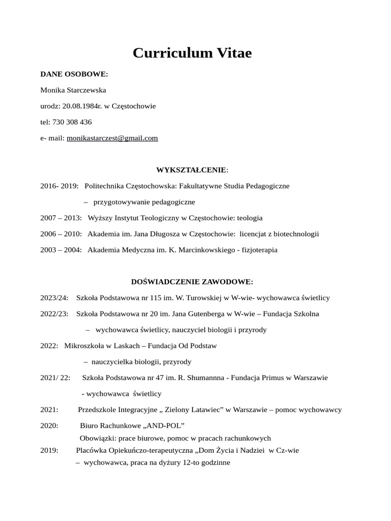 Curriculum Vitae. Monika 2024 | PDF