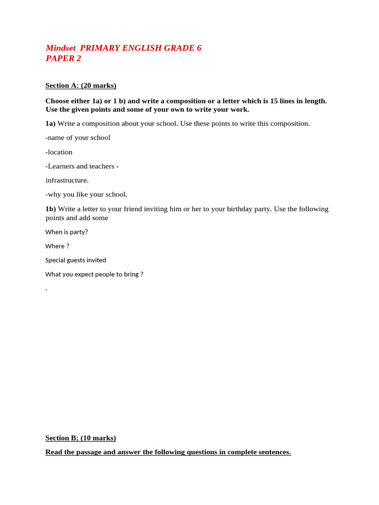 Grade 6 English Paper 2 Exams 2024 2 | PDF