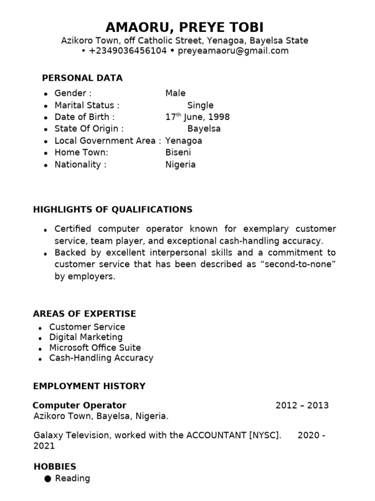 Preye Tobi Amaoru. New Cv-2 | PDF