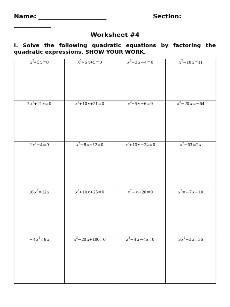 Worksheet #4 - Solving Quadratic Equations by Factoring | PDF ...