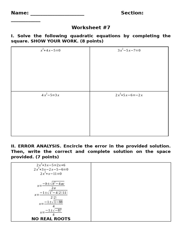Worksheet #7 - Solving Quadratic Equations Using Quadratic Formula ...