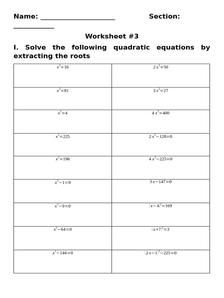 Worksheet #3 - Solving Quadratic Equations by Extracting the Roots | PDF