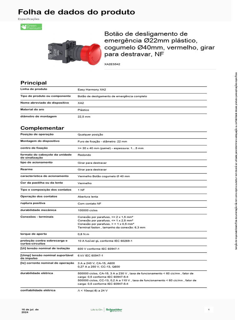 Botão de Emergência XA2ES542 | PDF
