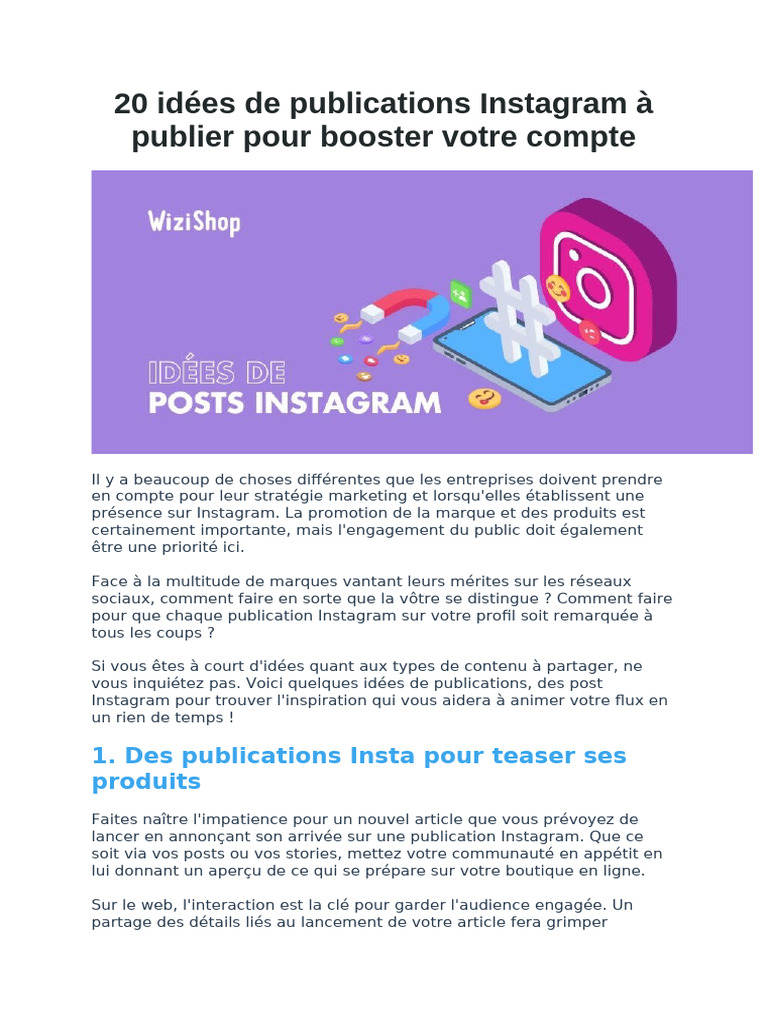 20 Idées de Publications Instagram À Publier Pour Booster Votre Compte | PDF