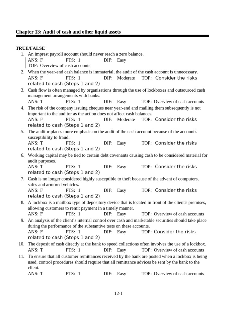 Chapter 13: Audit of Cash and Other Liquid Assets: True/False | PDF