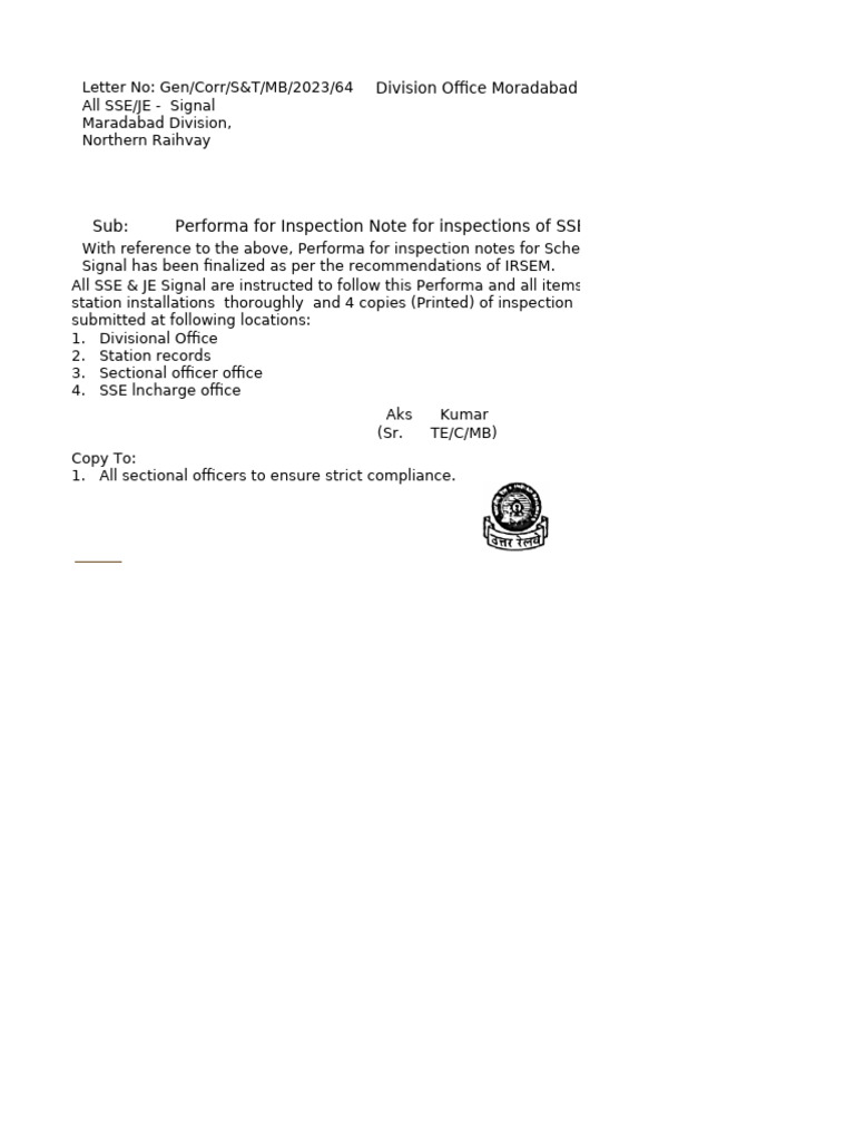 Performa For Inspection Notes of SSE & JE Signal | PDF