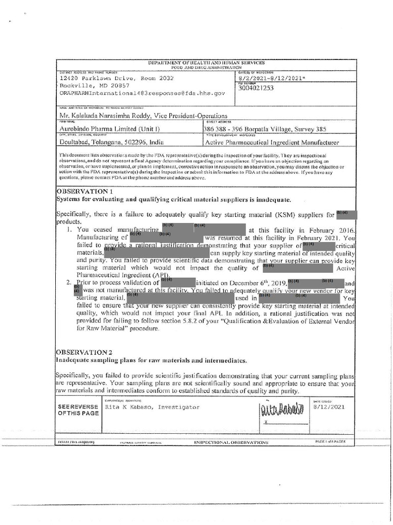 Aurobindo Pharma Unit 1, Telangana, India 8.12.21 483 | PDF