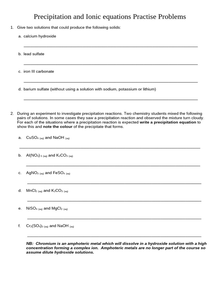 Precipitatioon and Ionic Equation Practice Problems | PDF