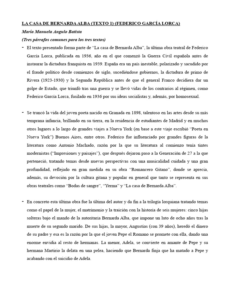 Análisis de "La Casa de Bernarda Alba" (FEDERICO GARCÍA LORCA) | PDF ...