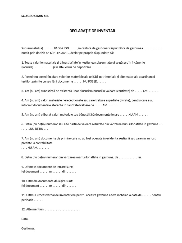 Declaratia Gestionarului Inainte de Inventariere | PDF