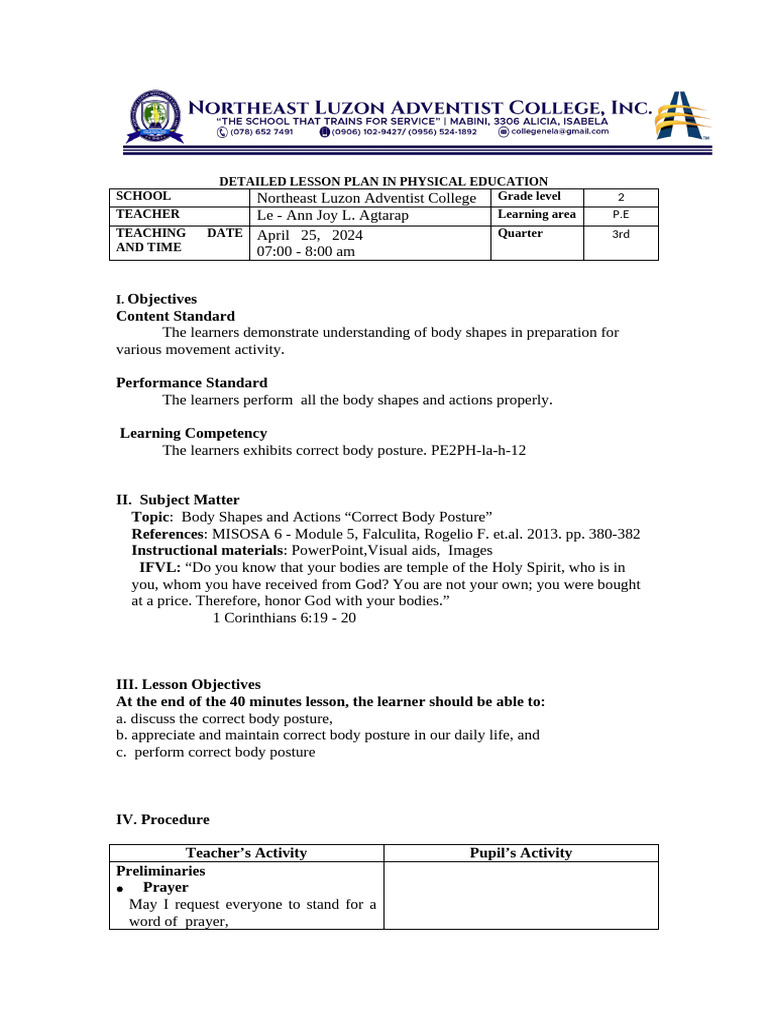 Grade 2 PE Lesson Plan: Body Posture | PDF | Lesson Plan | Prayer