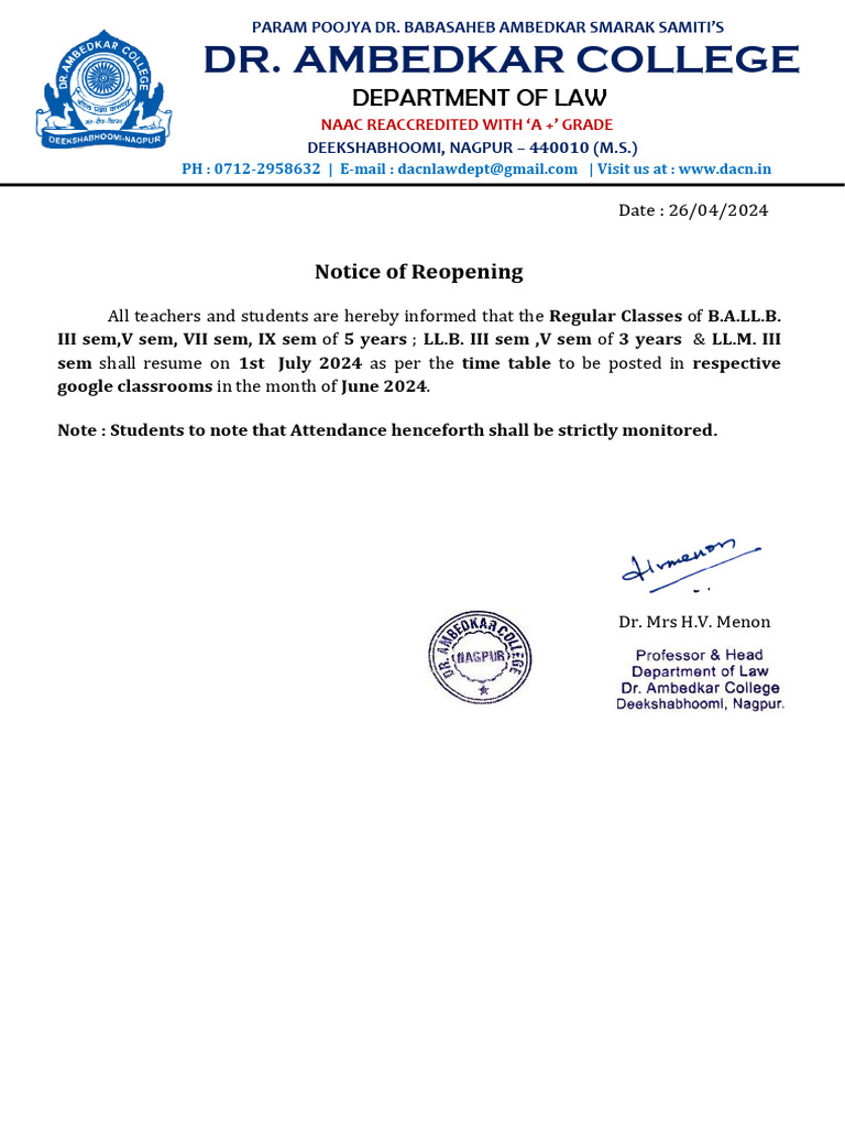 Class Reopening Notice for Law Students | PDF