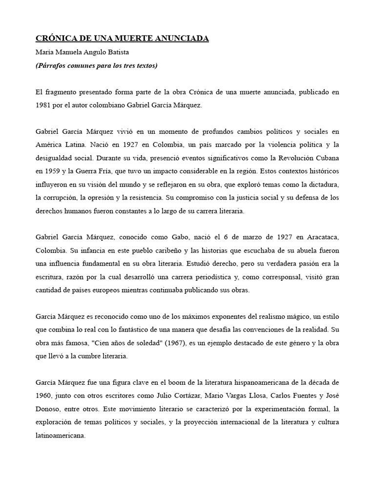 Análisis de "Crónica de Una Muerte Anunciada" (GABRIEL GARCÍA MÁRQUEZ ...