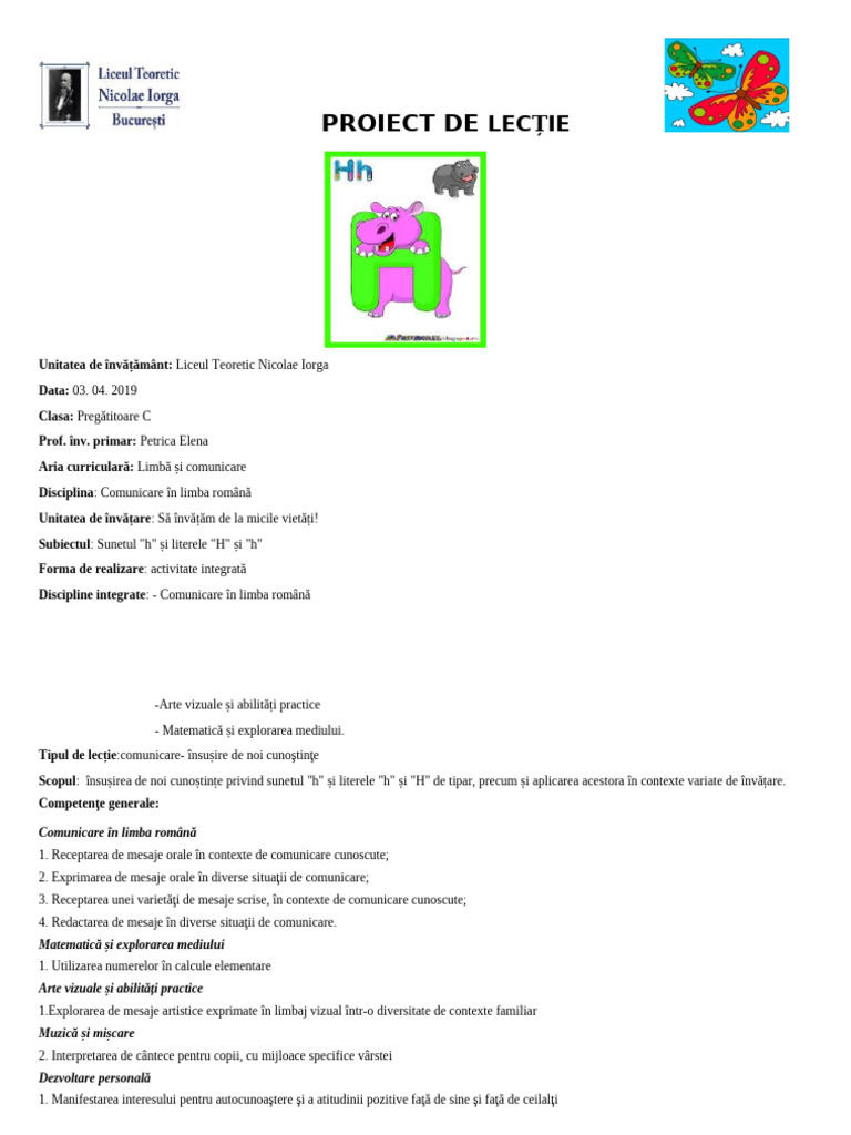 Proiect de Lecție Litera H | PDF