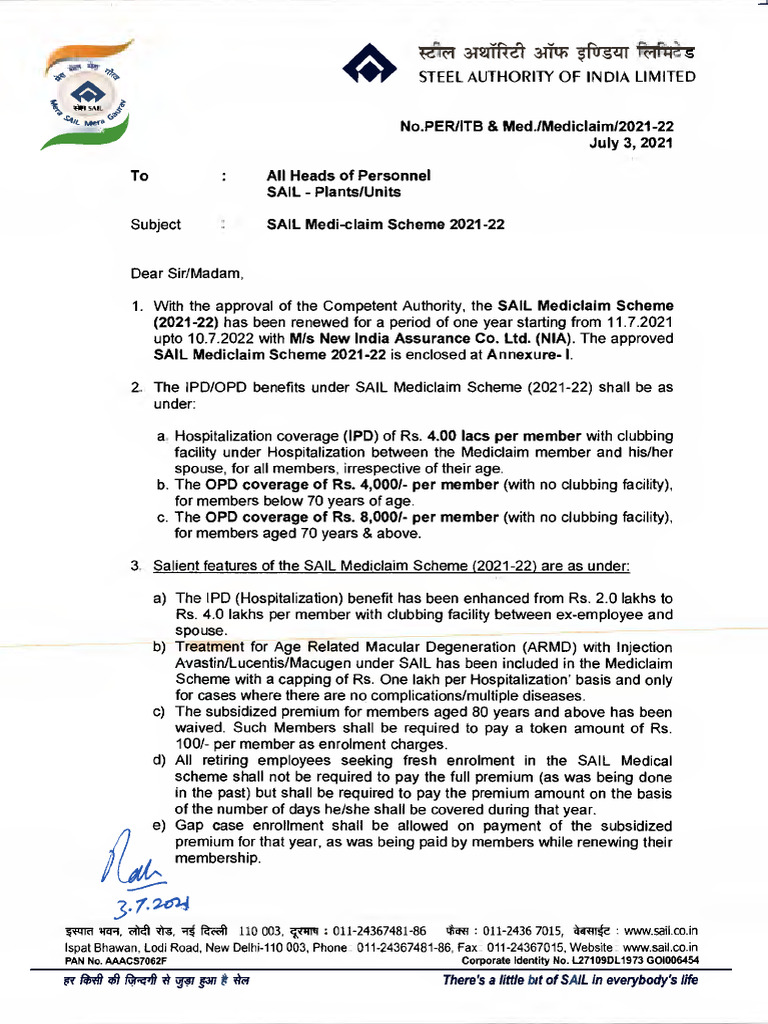 Sail Mediclaim Shceme 2021-22 - Letter To Hops | PDF